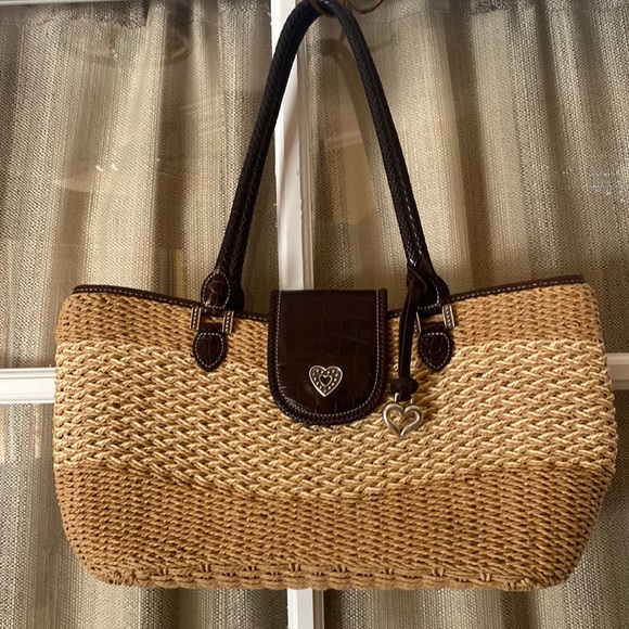 Brighten | Bags | Brighton Braided Straw Wicker Brown Leather Handbag ...